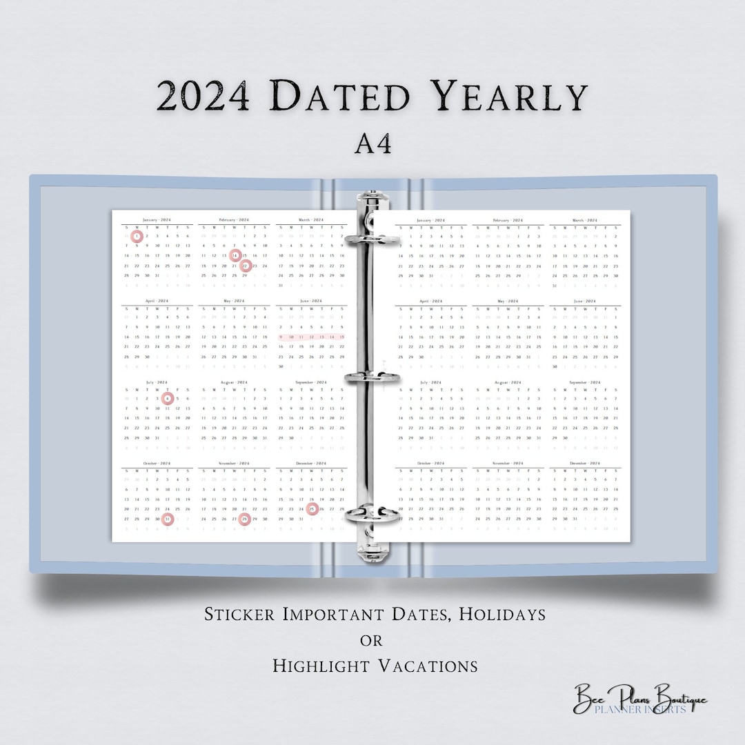 A4 Minimalist 2024 Printable Year on One Page Planner Insert Elegant ...