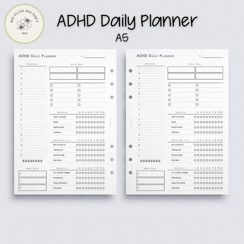 A5 ADHD Daily Planner Printable PDF Focus & Behavior Tracker Hourly ...