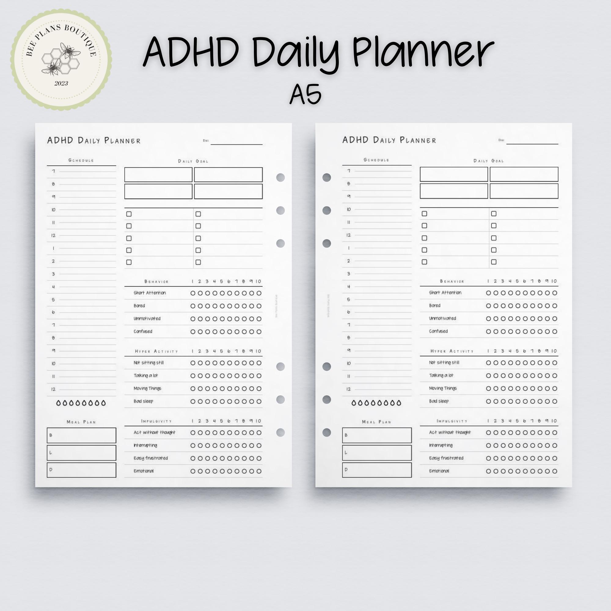A5 ADHD Daily Planner Printable PDF Focus & Behavior Tracker Hourly ...