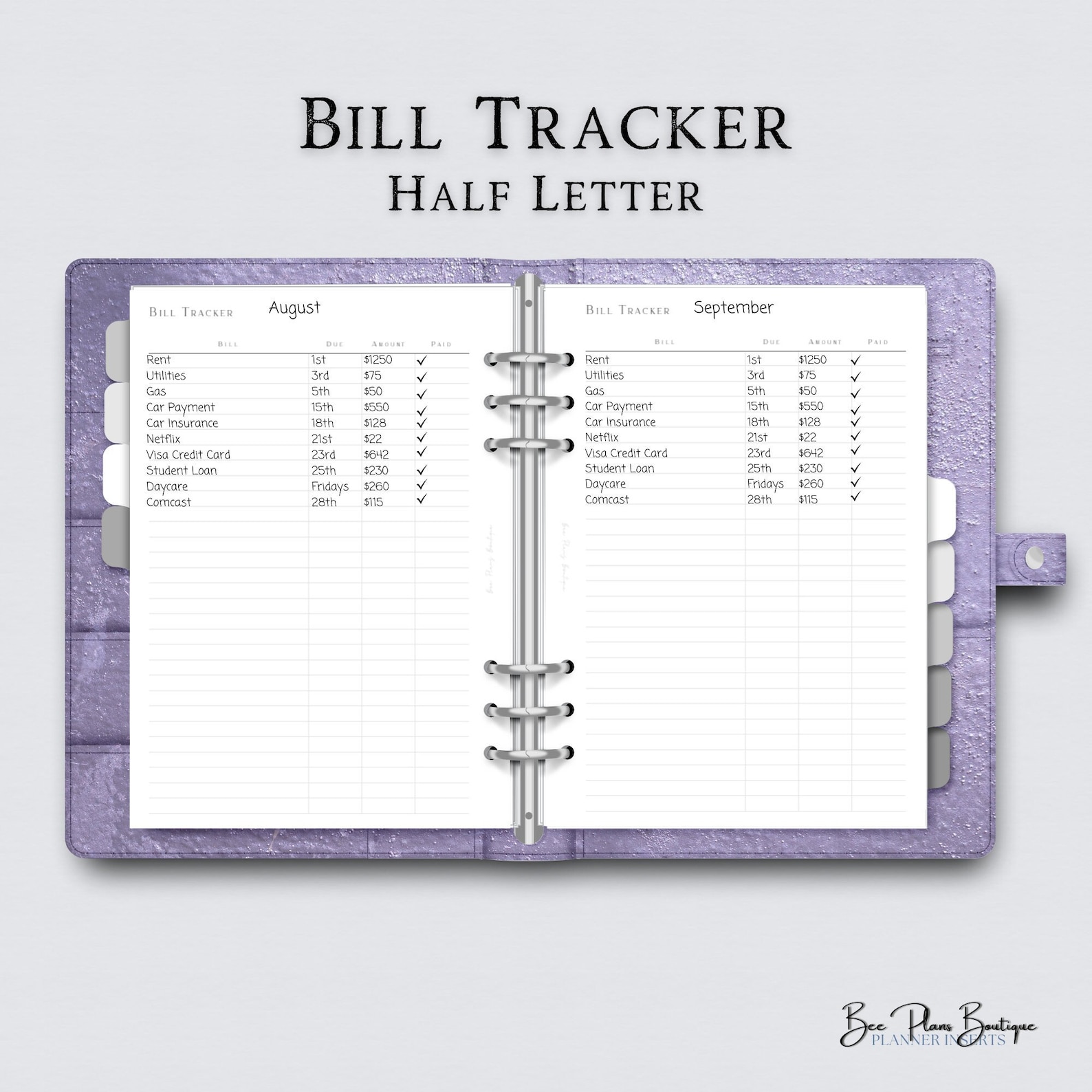Half Letter Bill Tracker Printable Bill Tracker Printable - Etsy