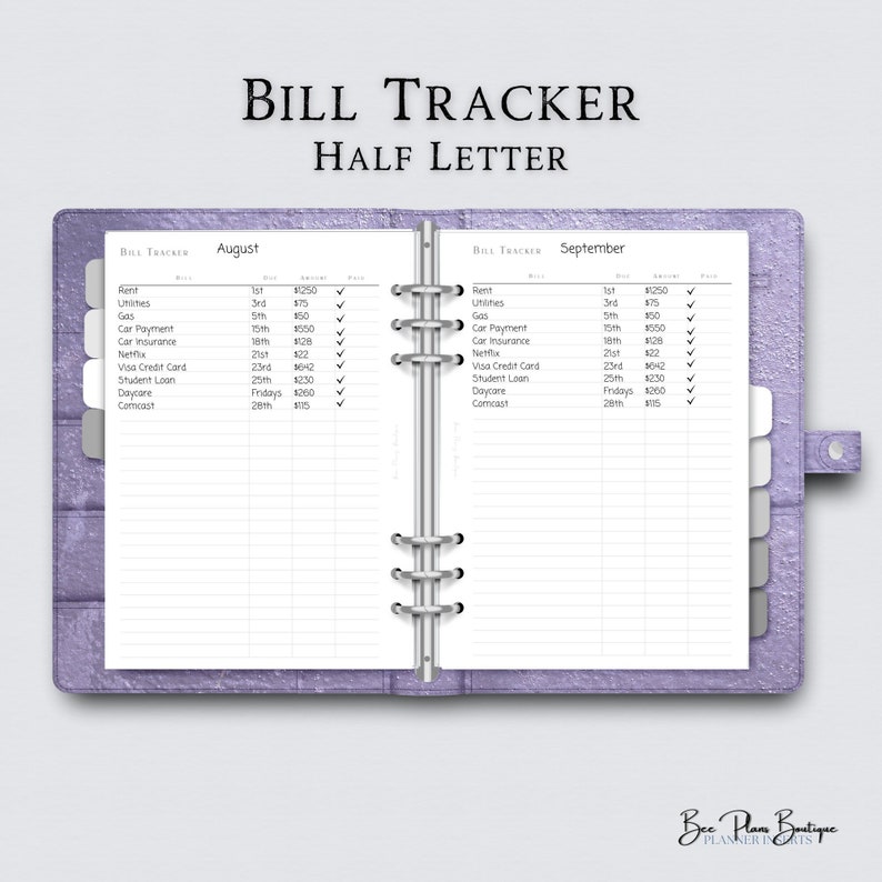 Half Letter Bill Tracker Printable Bill Tracker Printable - Etsy