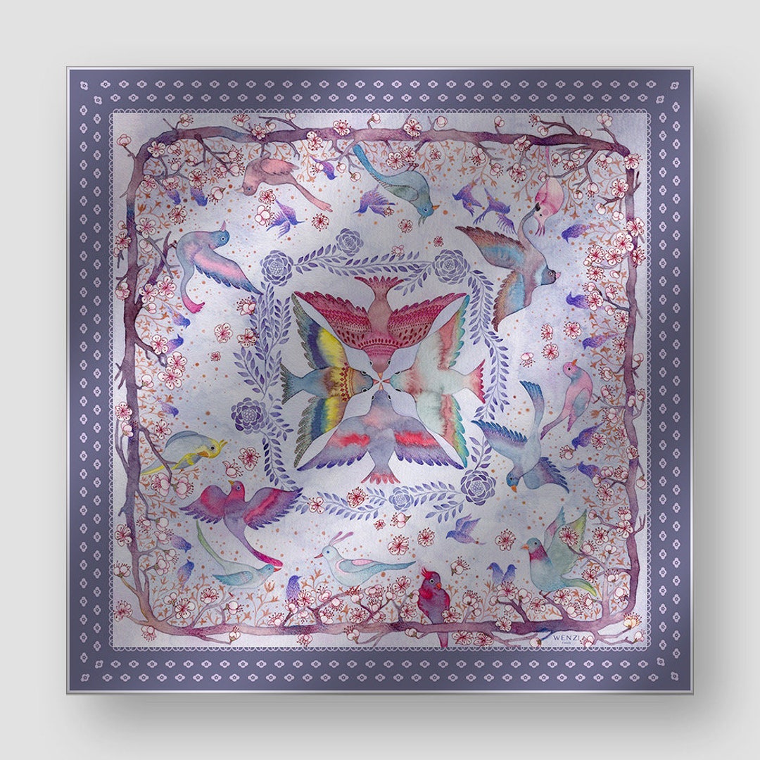 Hand-painted Pattern Mulberry Silk Scarf – Bird Design by Wenzi (single ...
