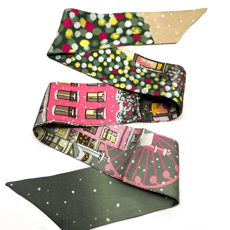 100% Mulberry Silk Twill Skinny Scarf, 88x5cm Christmas Street by Wenzi ...
