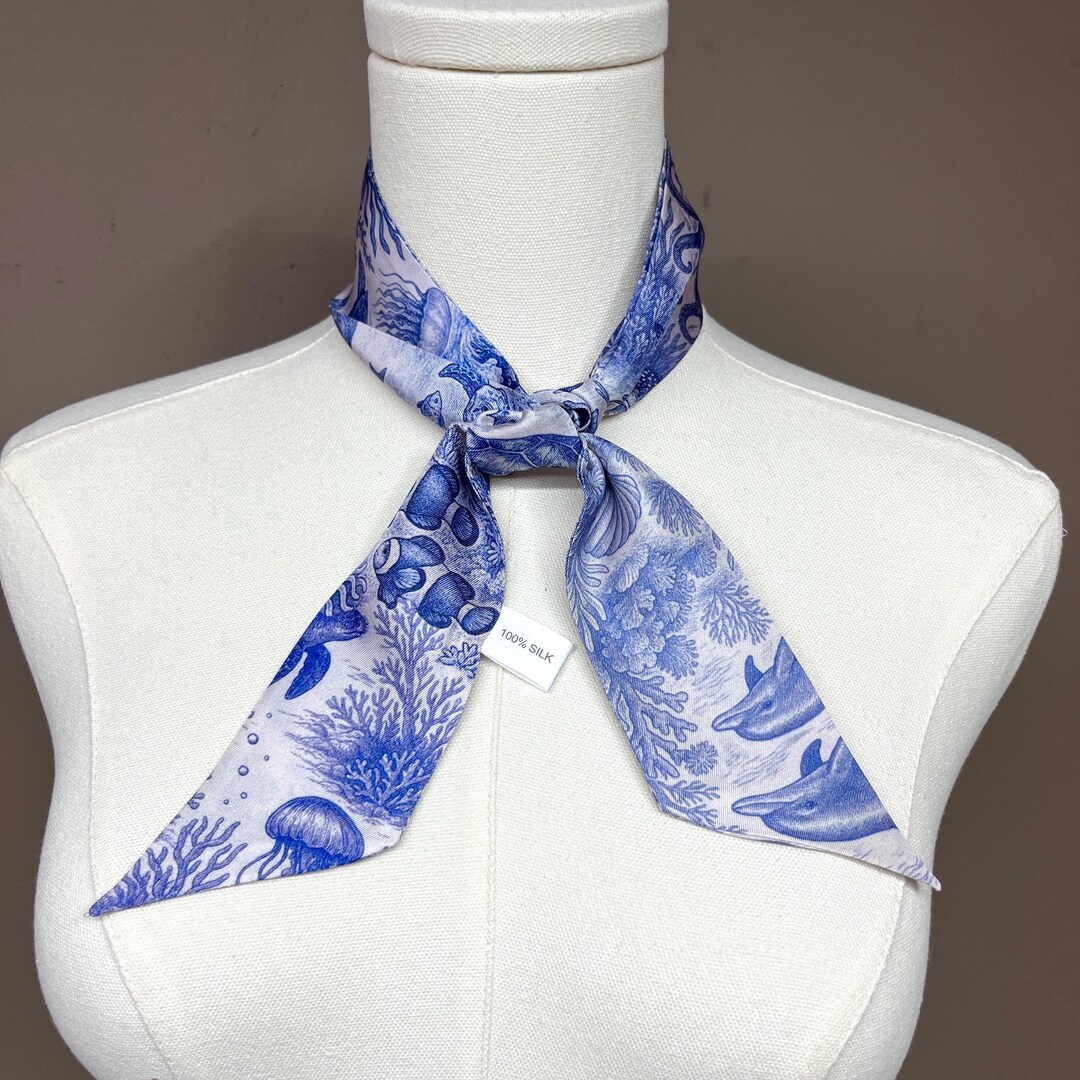 100% Mulberry Silk Twill Skinny Scarf, 88x5cm Ocean Garden Pattern by ...