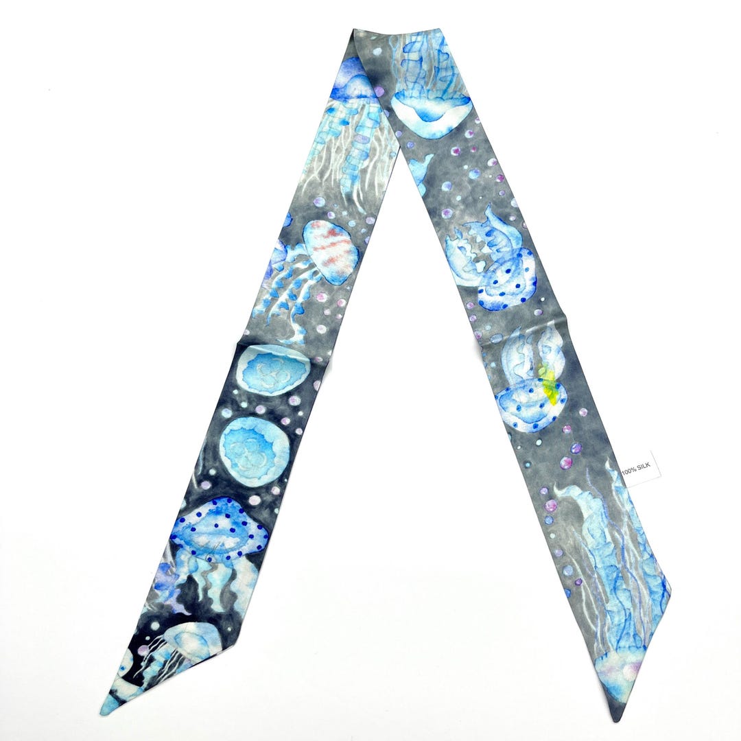 100% Mulberry Silk Twill Skinny Scarf, 88x5cm Jellyfish Dream Pattern ...