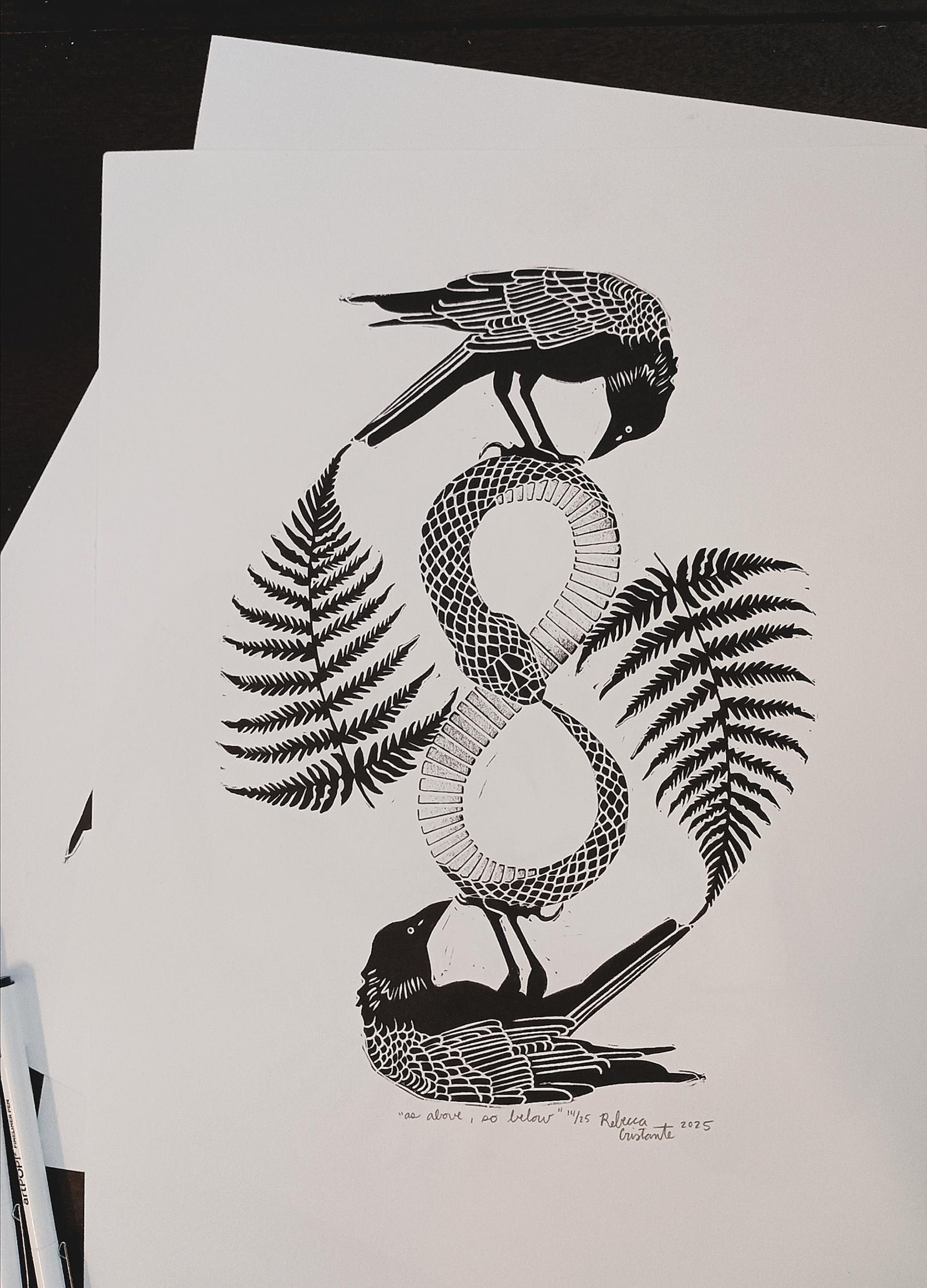 As Above so Below Original Lino-cut Print Snake Crow Fern Nature - Etsy