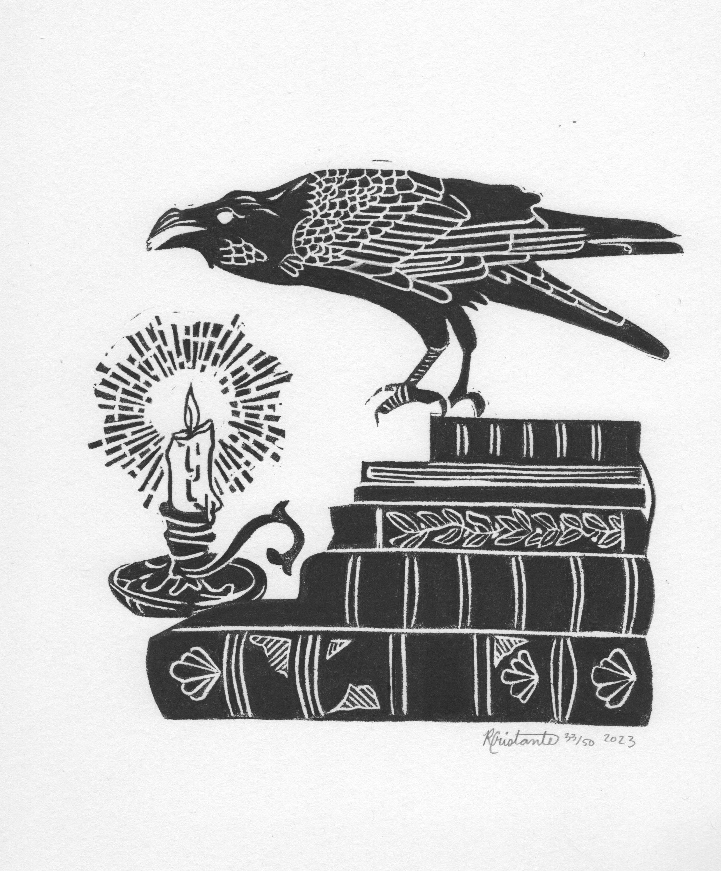 Quoth the Raven, Never More, Original Block Print Raven Bookstack ...