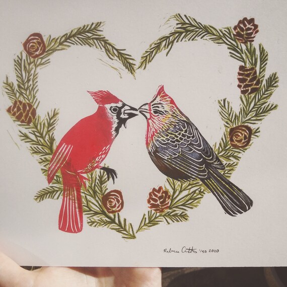 Love Birds Cardinal Block Print - Etsy