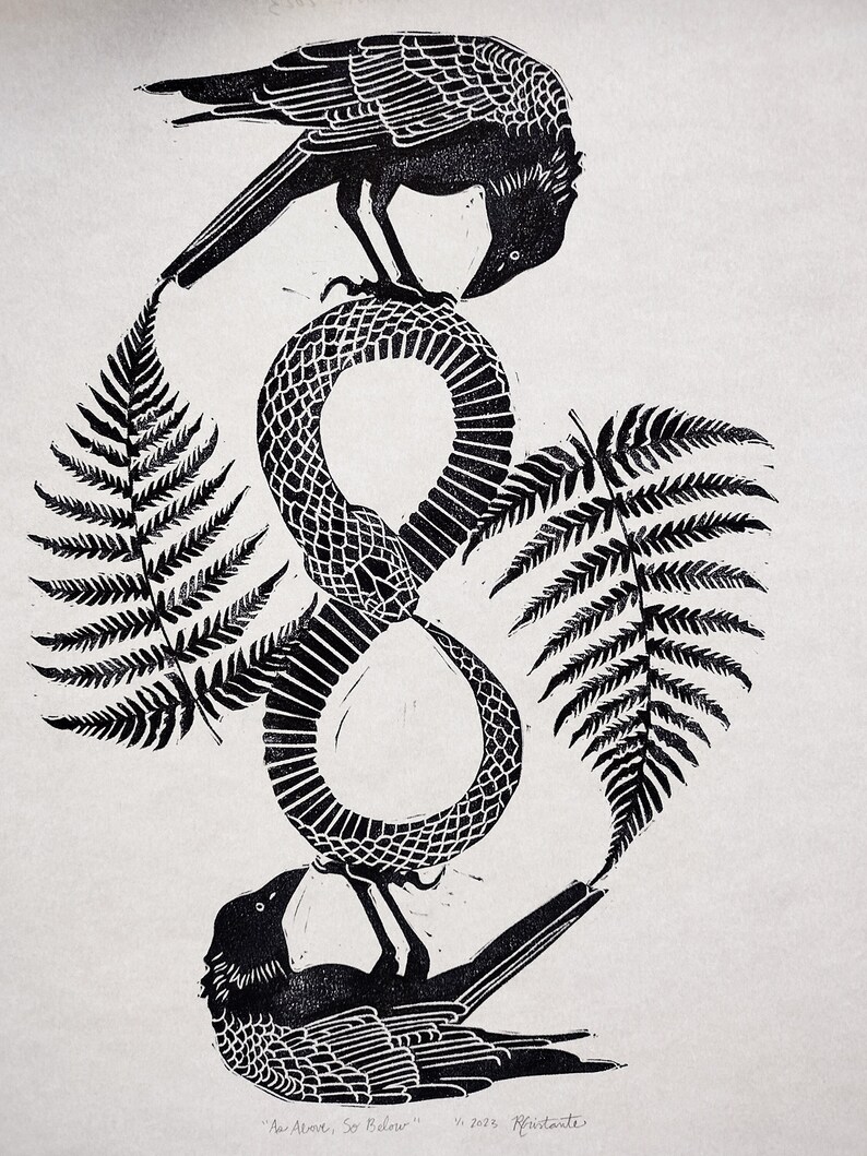 As Above so Below Original Lino-cut Print Snake Crow Fern Nature - Etsy
