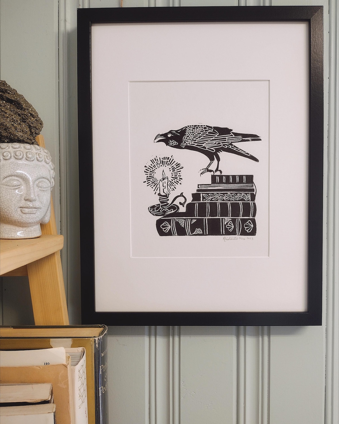 Quoth the Raven, Never More, Original Block Print Raven Bookstack ...