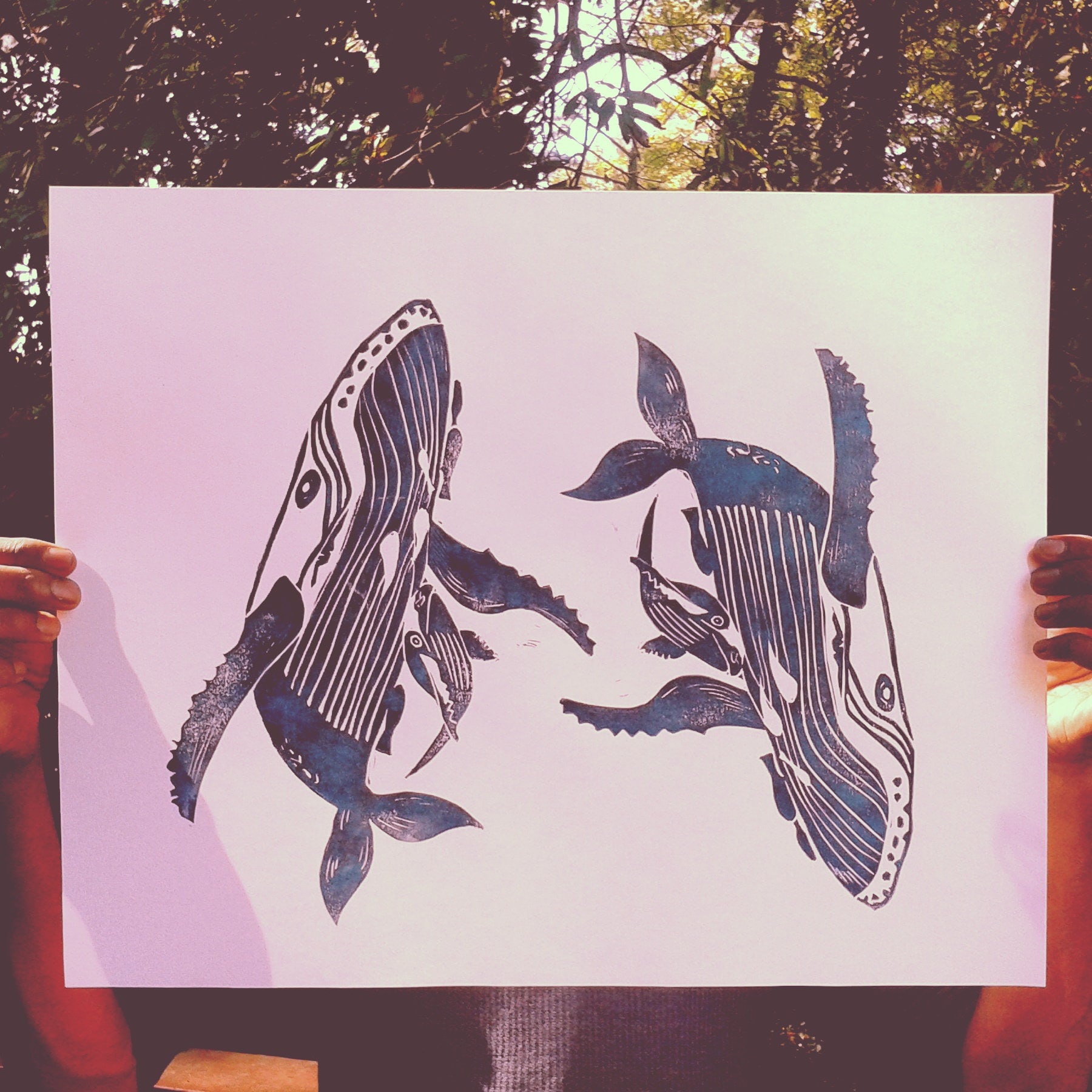 Whale Block Print Humpback Whale Mother and Child Original Art - Etsy