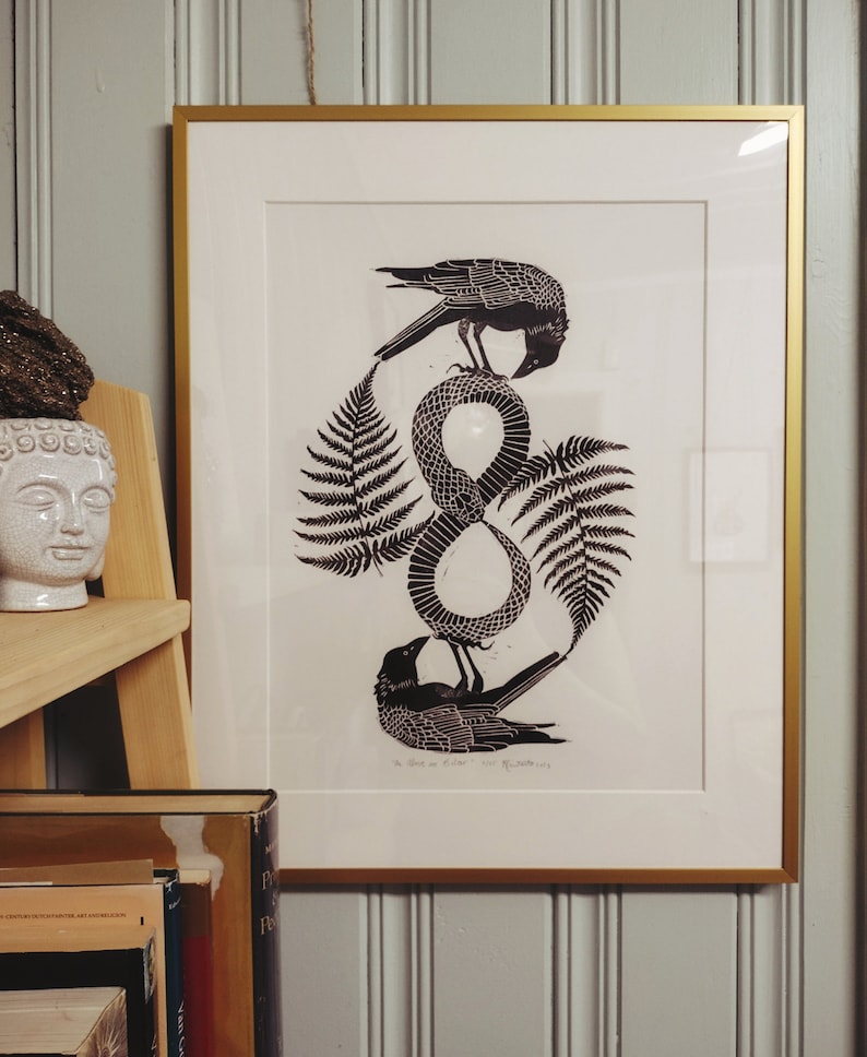 As Above so Below Original Lino-cut Print Snake Crow Fern Nature - Etsy