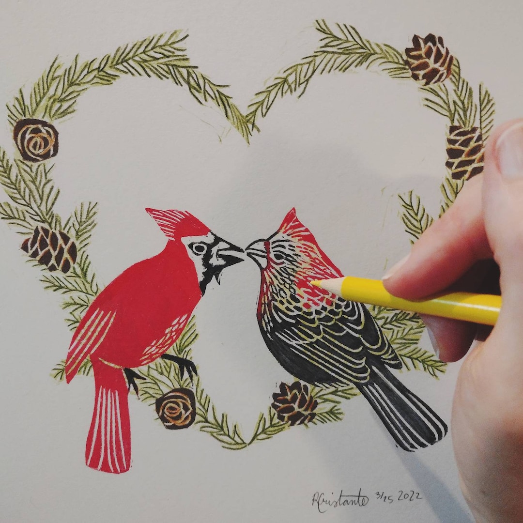 Love Birds Cardinal Block Print - Etsy