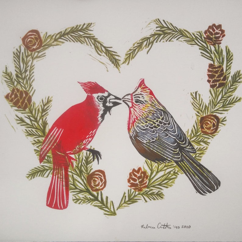 Love Birds Cardinal Block Print - Etsy
