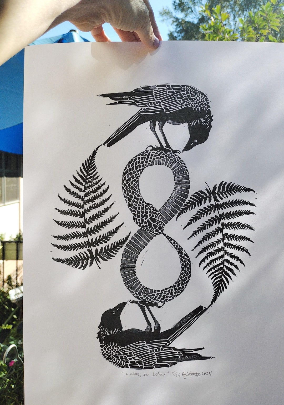 As Above so Below Original Linocut Snake Crow Fern Nature Print - Etsy