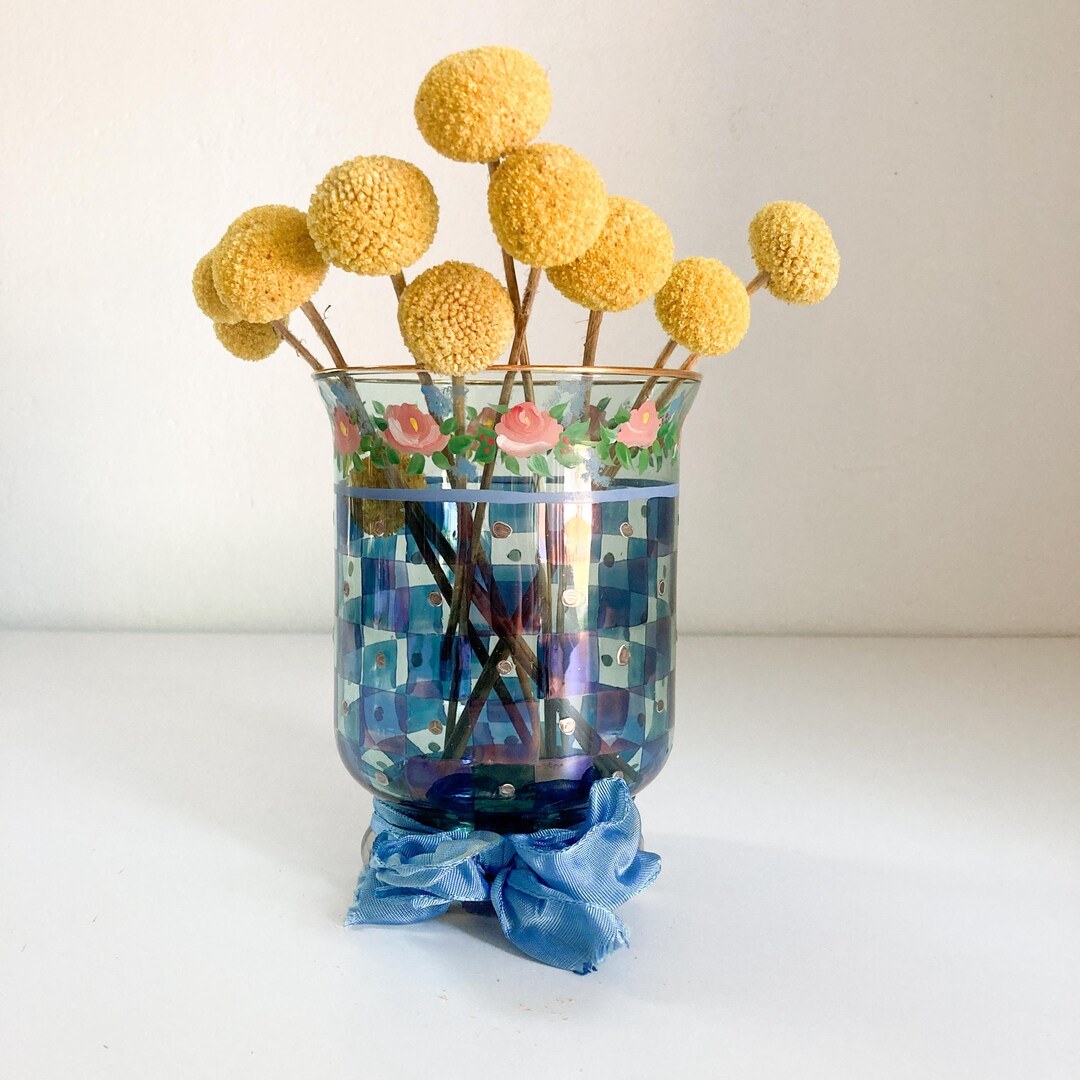 Mackenzie Childs Hand Painted Glass Hurricane Vase, Vintage 1983 ...