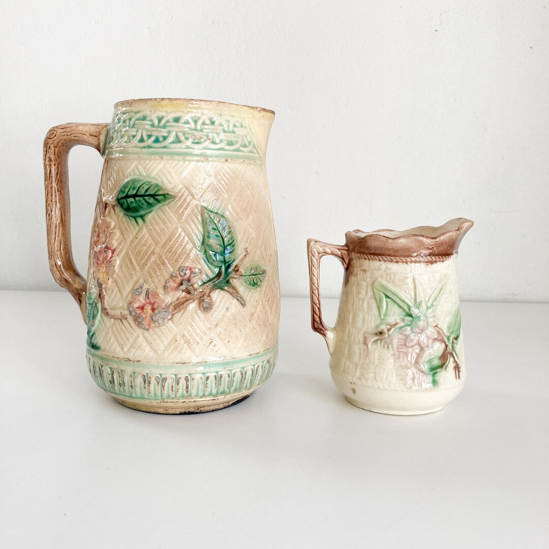 Antique Majolica Pitcher Set, 1920's Ceramic Set of 2 Floral and Bird ...