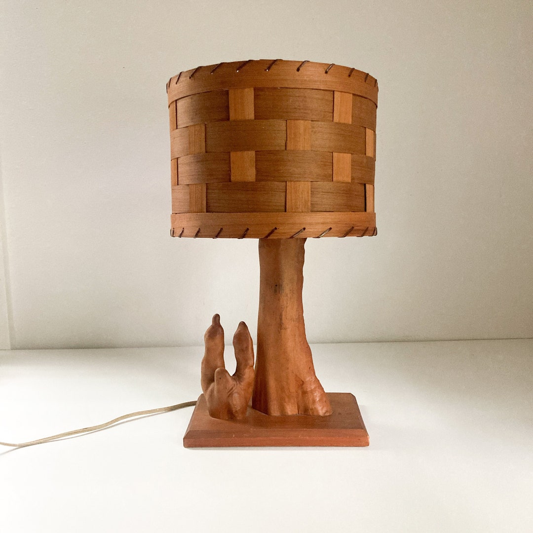 Cypress Knee Wood Tabletop Lamp With Woven Basket Lamp Shade, Vintage 1960's Wood Tabletop Lamp ...