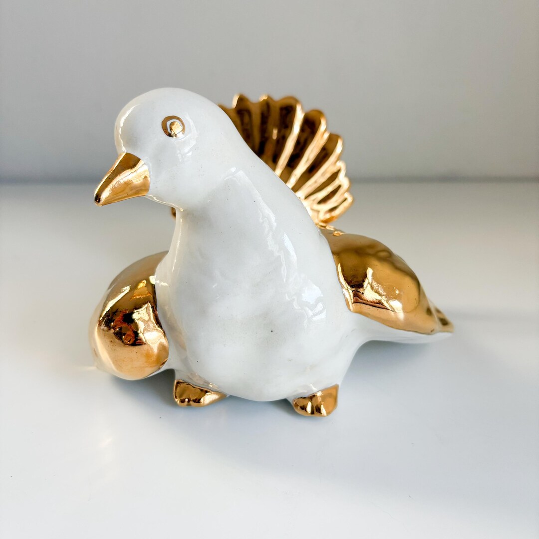 Gold and White Ceramic Dove Figurine, Handmade Ceramic Dove Signed and ...