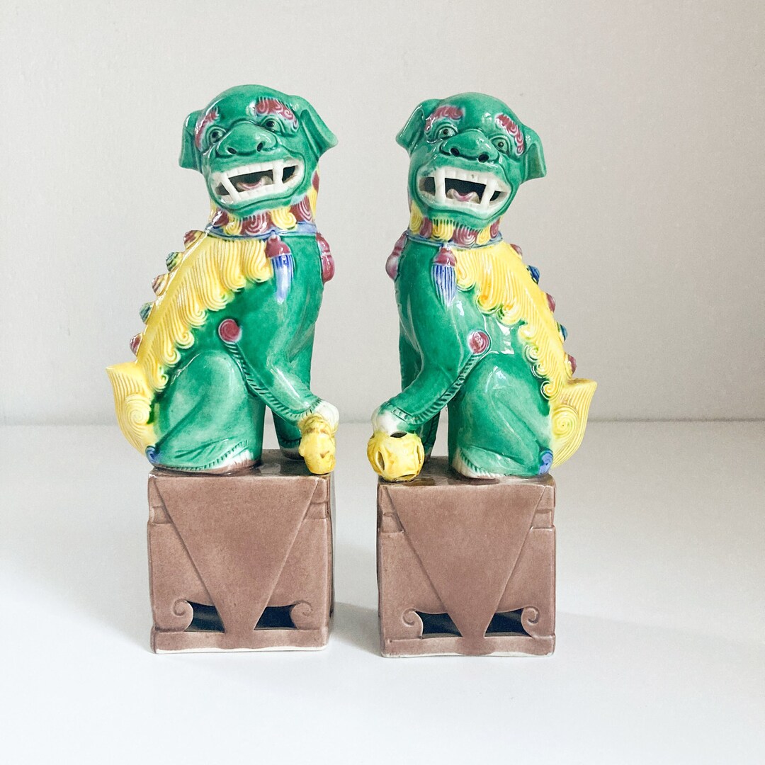 Ceramic Foo Dog Pair, 1940's Famille Vert Style Ceramic Foo Dog ...