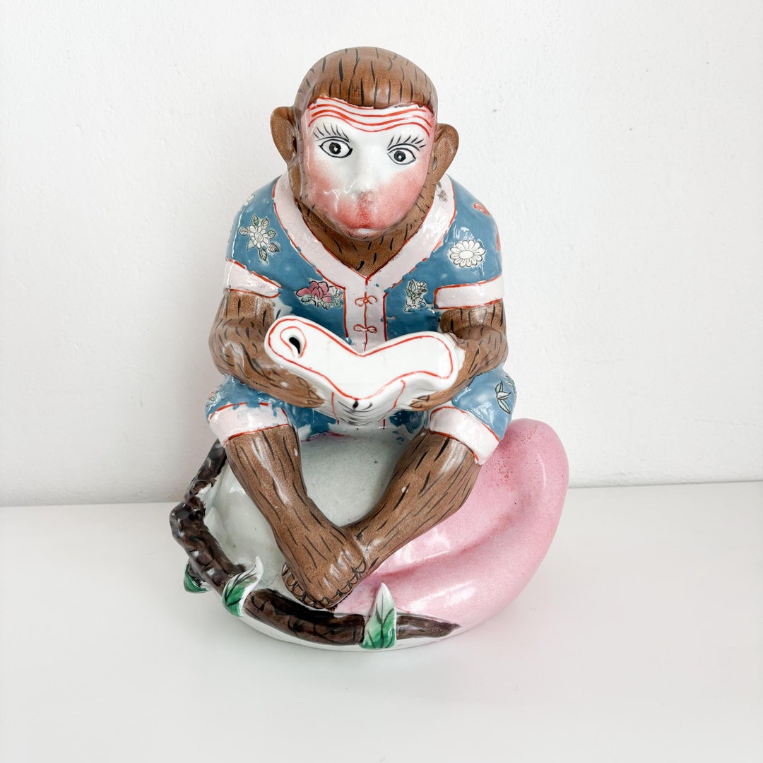 Chinoiserie Monkey Figurine Reading, Vintage Asian Monkey Figurine ...