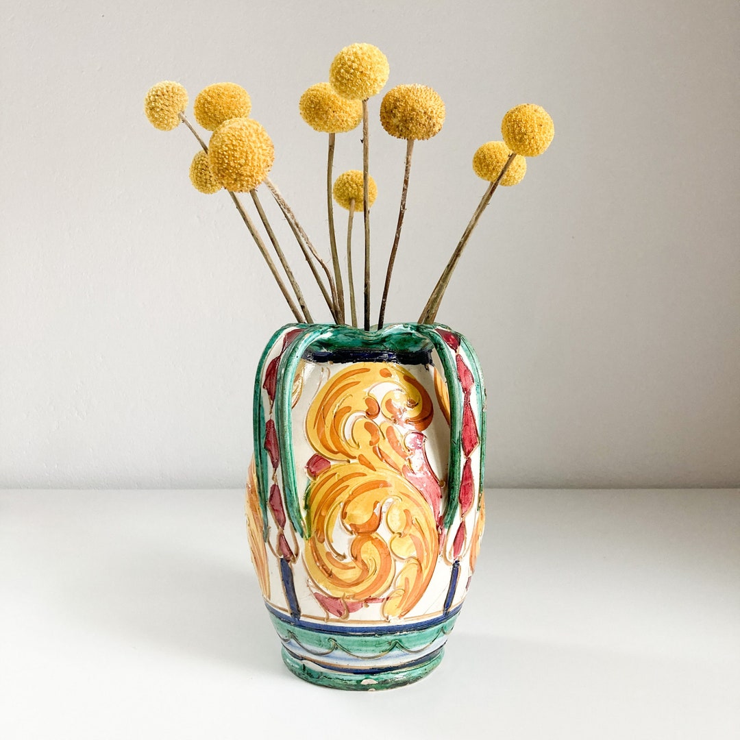 Italian Majolica Sgraffito Vase, Hand Numbered Italian Pottery Vase ...