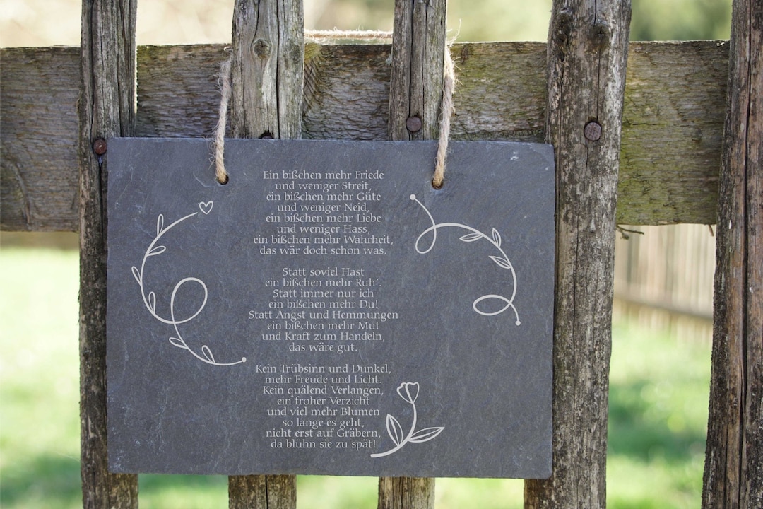 Schiefer Tafel Haussegen "Ein bisschen mehr Friede, ..." Schild Platte ...