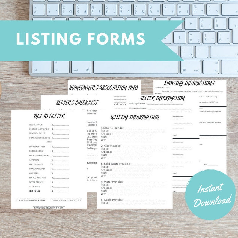 Real Estate Listing Forms, Seller Information, Net to Seller, Seller Checklist, Showing ...