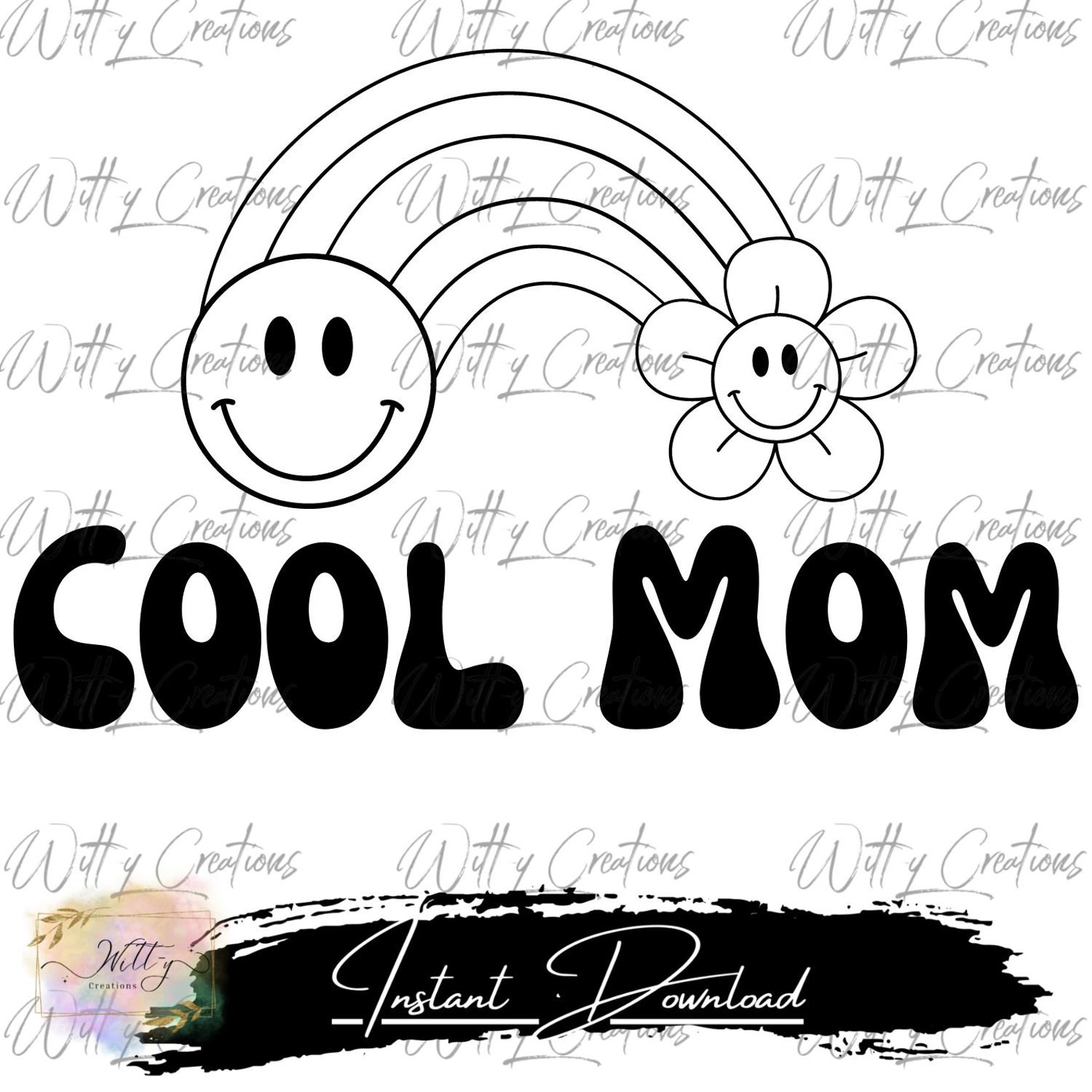 Retro Cool Mom PNG Digital Download - Smiley Face & Daisy Rainbow Art ...
