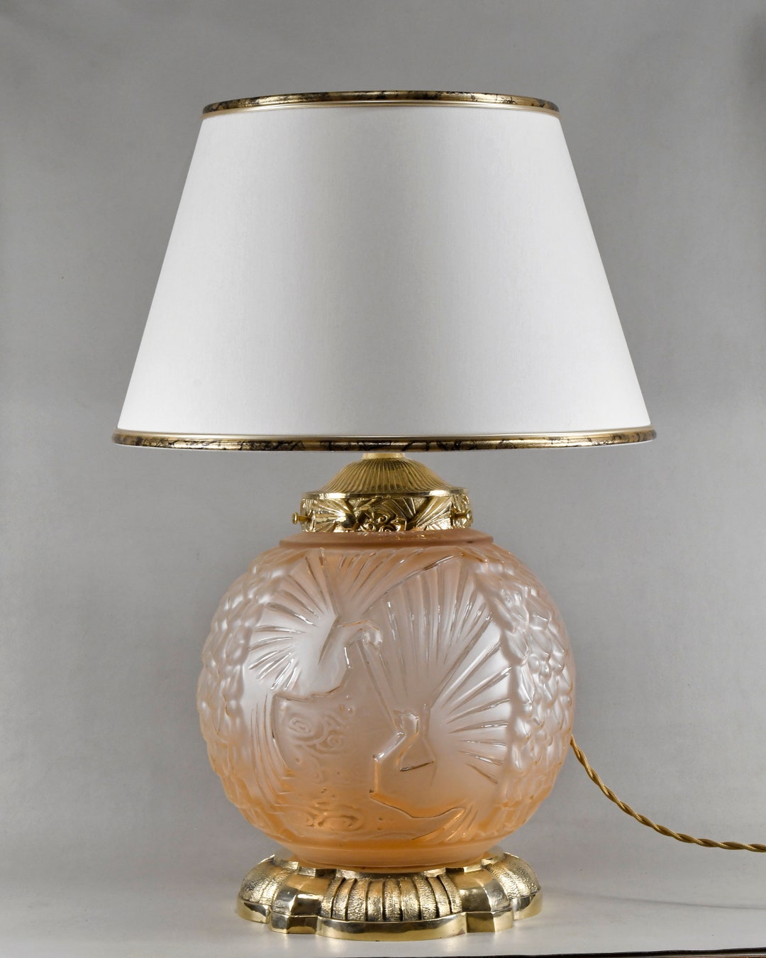 Muller Freres Art Deco Table Lamp: Uranium Glass Peacock Design, 1930s ...
