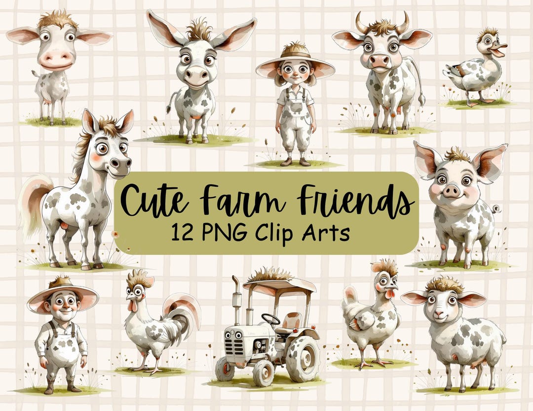 Farm Friends Clip Art Set Zip File – 12 PNG Farm Animal Illustrations ...