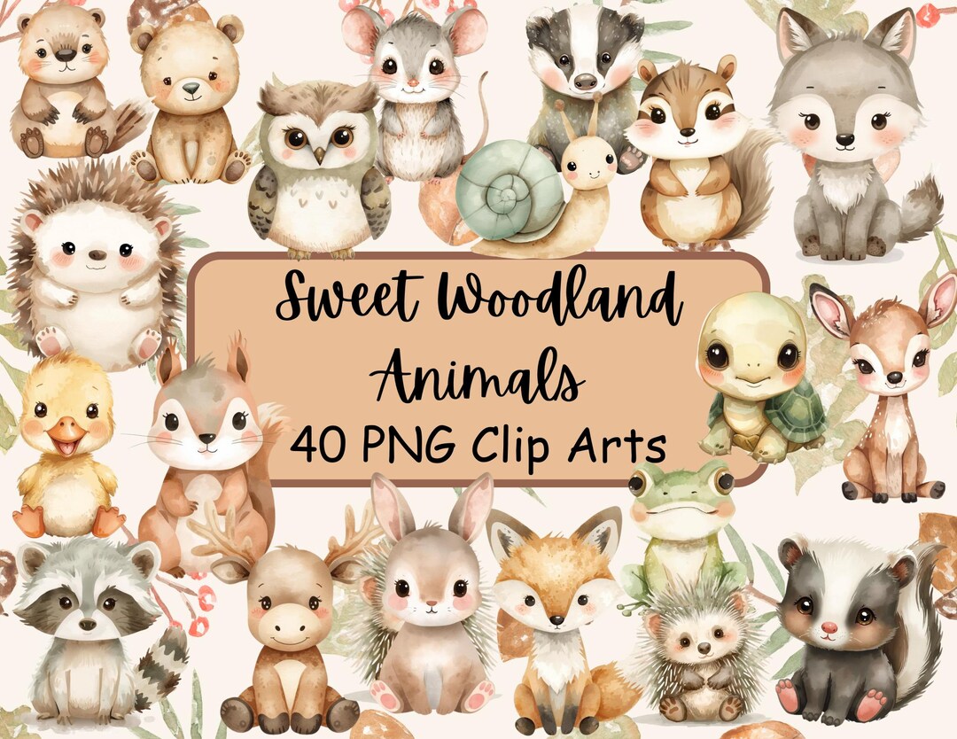 Whimsical Woodland Baby Animals Clip Art – Watercolor Nursery PNG, Kids ...