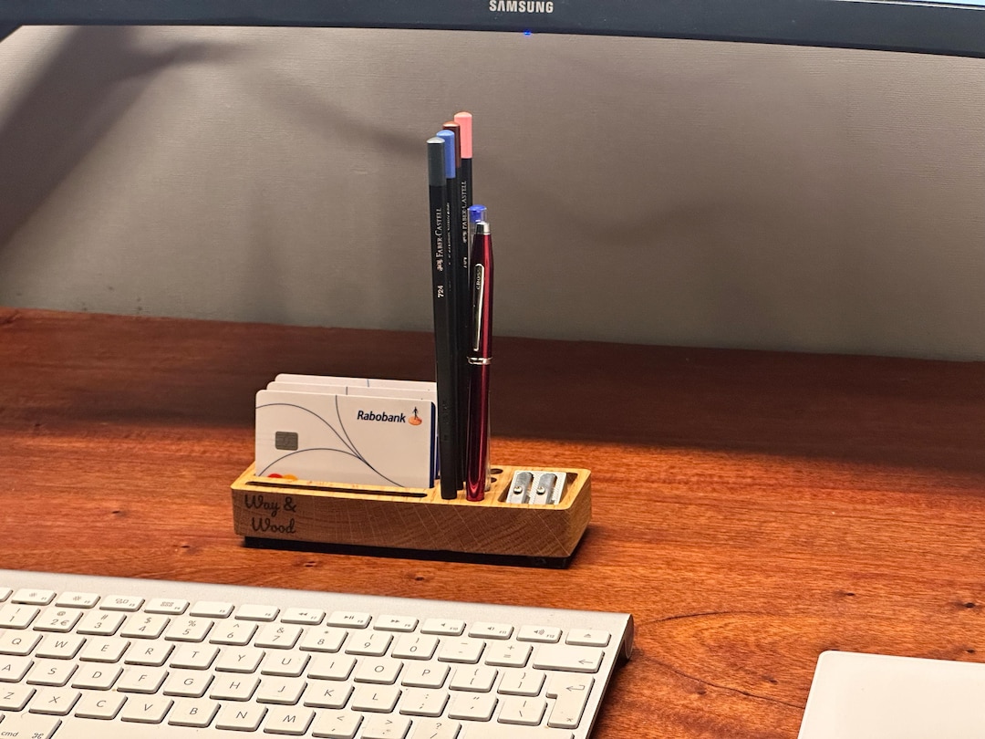 Personalized Oak Desk Organizer | Wooden Pen Holder With Name or Logo ...
