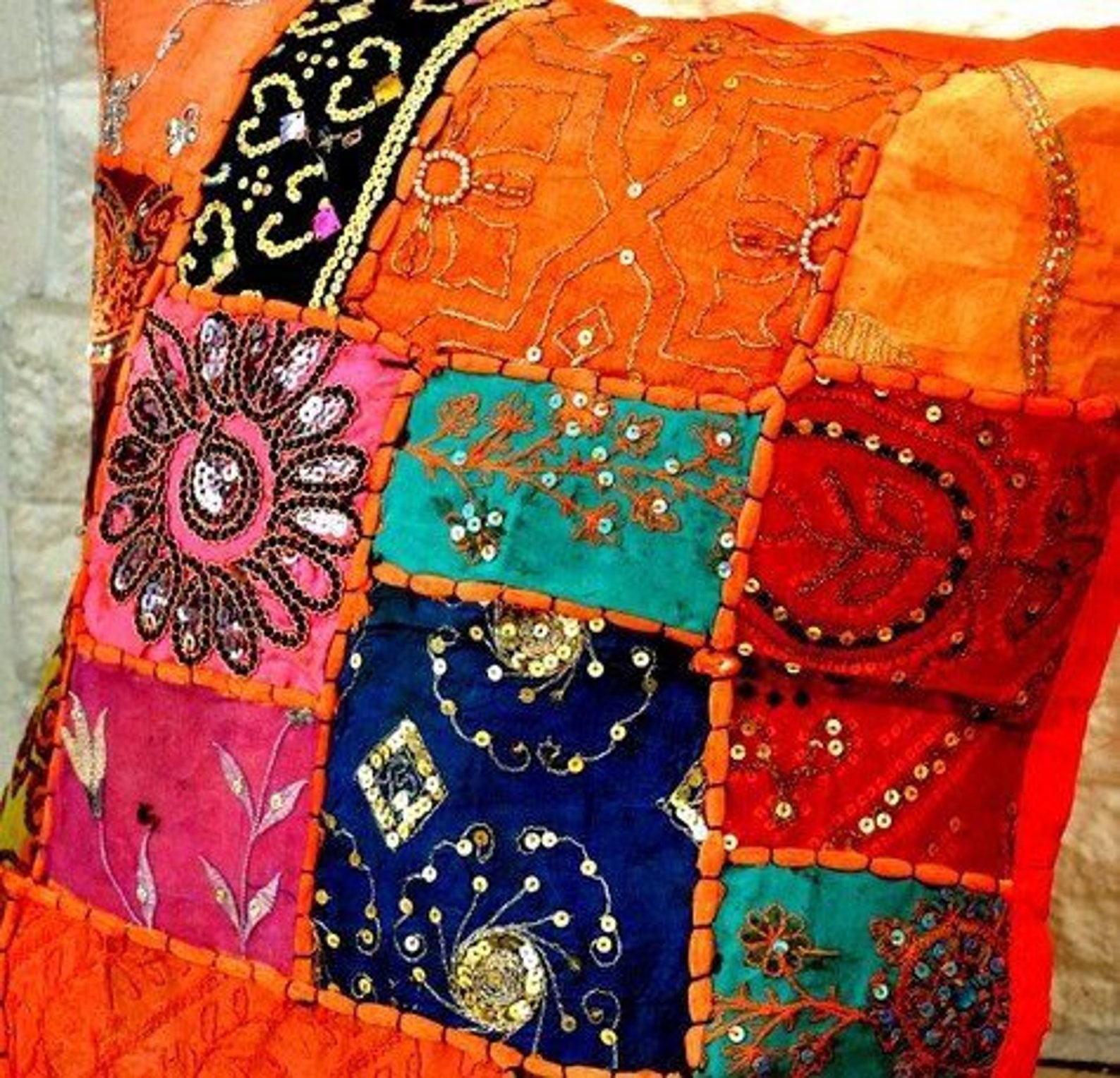 Indian Handcrafted Patchwork & Embroidery Cushion Cover - Etsy
