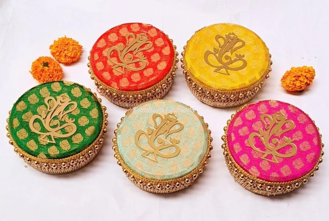 Lot of 100 Steel Ladoo Gift Box Colorful Brocade Design Wedding Sweet ...