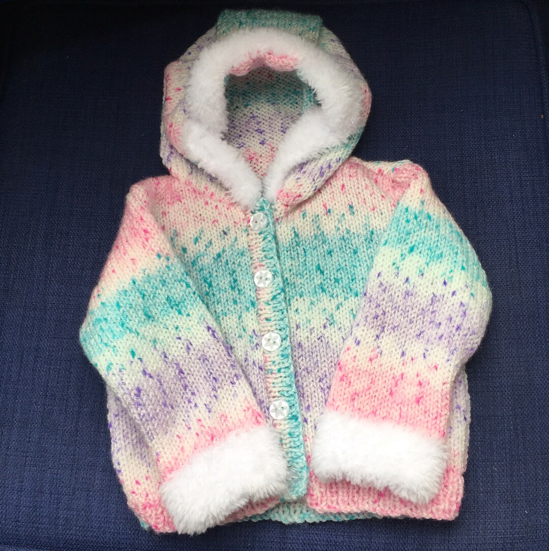 Hooded Cardigan. Hand Knitted in Random Yarn With a Soft White - Etsy