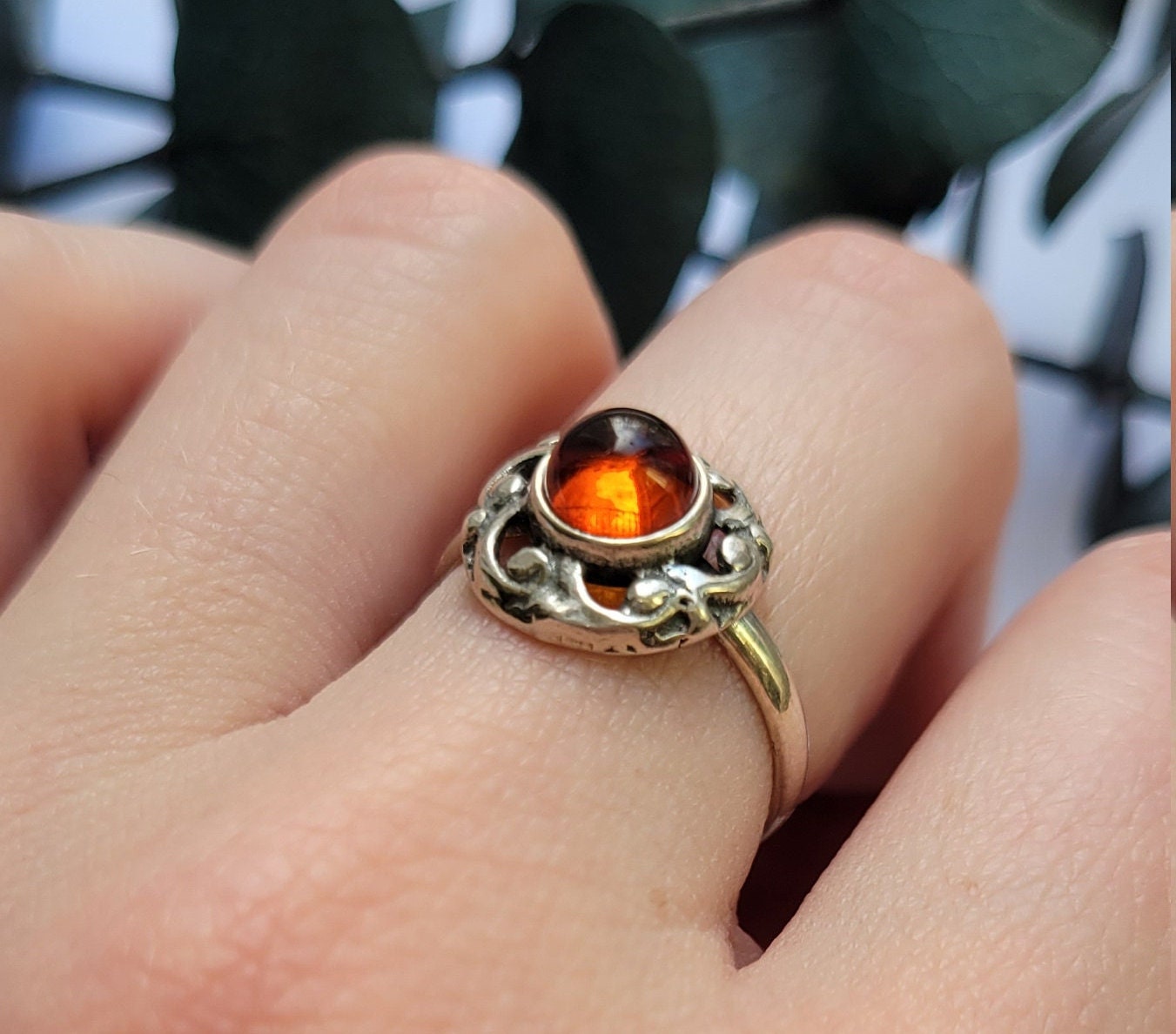 Vintage Sterling Silver Amber Ring - Etsy
