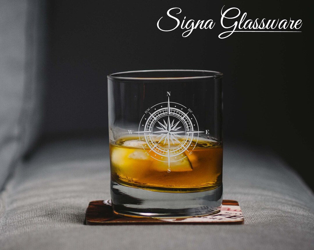 Nautical Themed Compass Engraved Heavy Base 13.5 Oz Double Rocks, Old ...