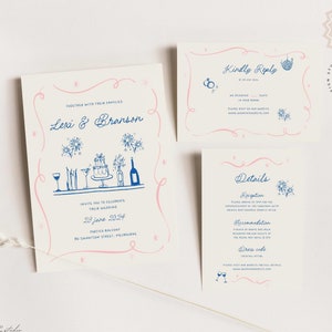 Whimsical Wedding Invitation Set, Hand-drawn Cake Illustration (digital ...