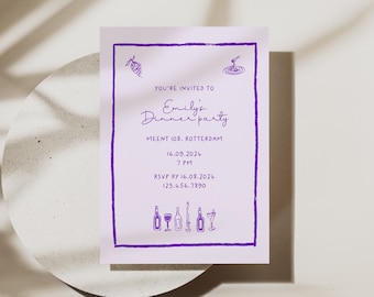 Hand Drawn Dinner Party Invitation Template, Quirky Illustration Invite ...