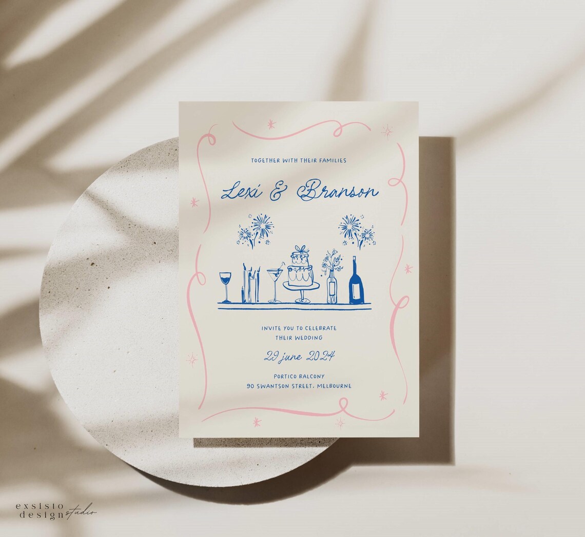 Whimsical Wedding Invitation Set, Hand-drawn Cake Illustration (digital ...