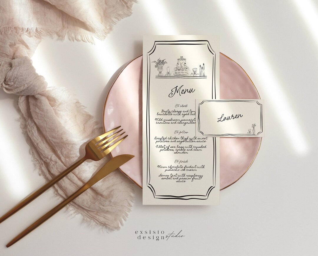 Dinner Menu and Place Card, Dinner Party and Wedding, Menu With Hand ...