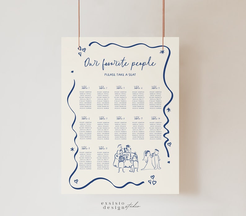 Seating Chart Template With Hand Drawn Couple and Dinner Table ...