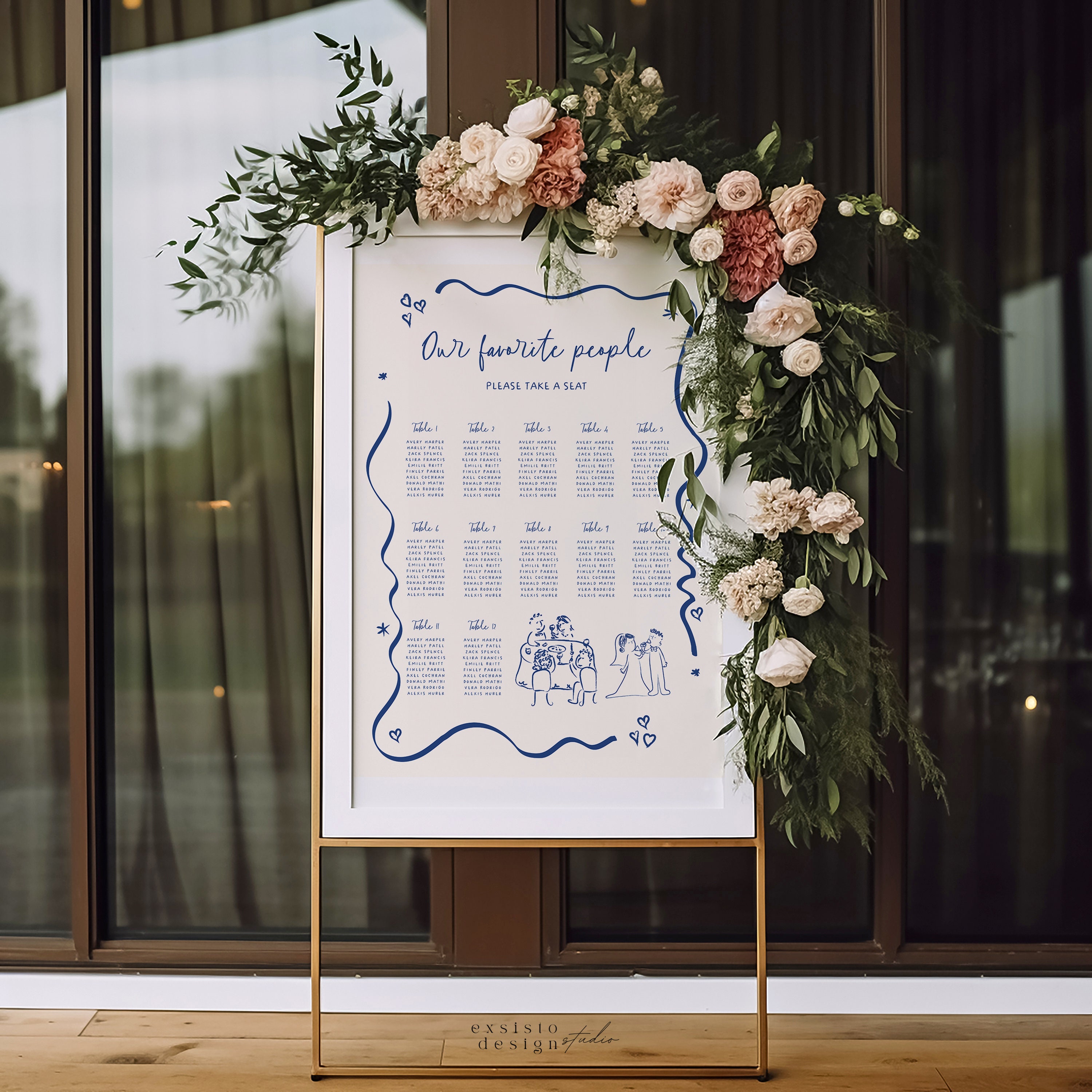 Seating Chart Template With Hand Drawn Couple and Dinner Table ...