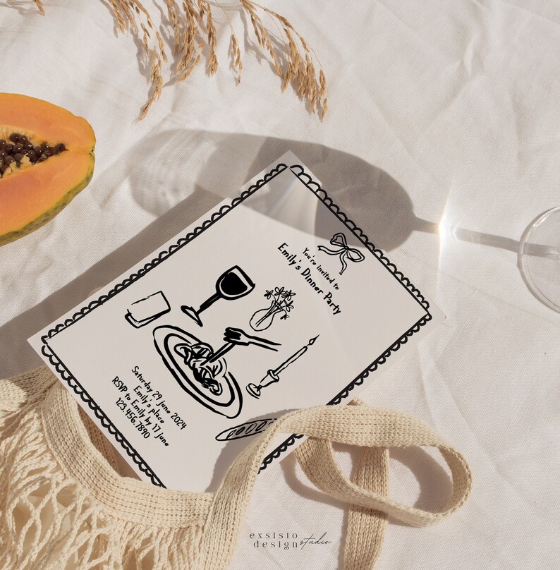 Hand Drawn Dinner Party Invitation Template, Quirky Illustration Invite ...