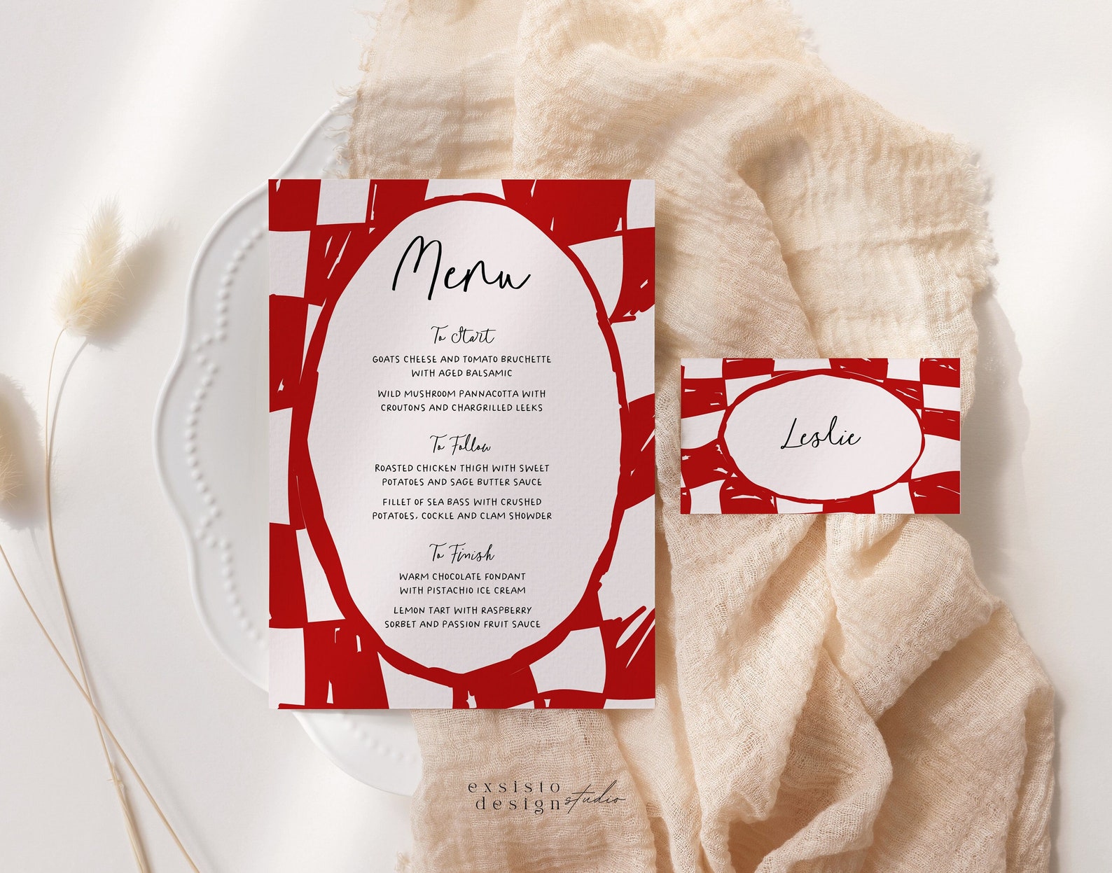 Red Checkerboard Menu and Place Card for Dinner Party and Wedding ...