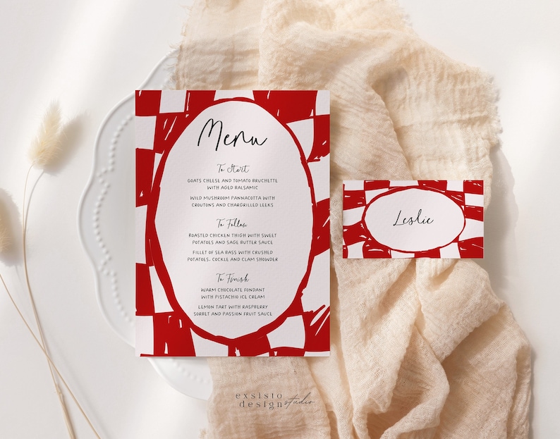 Red Checkerboard Menu and Place Card for Dinner Party and Wedding ...
