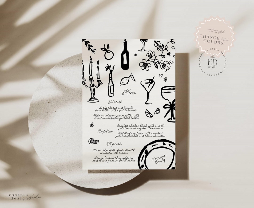 Personalized Menu Template for Dinner Party and Wedding With Hand Drawn ...