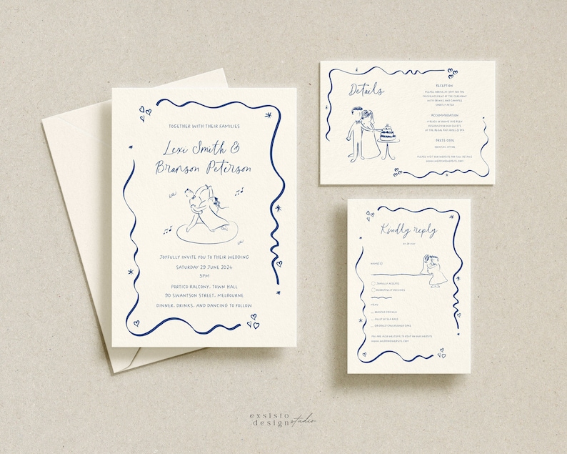 Wedding Invitation Set Template With Hand Drawn Dancing Couple ...