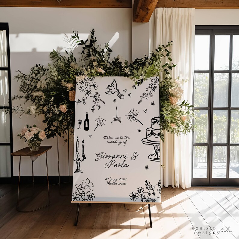 Whimsical Wedding Welcome Sign Template: Hand-drawn Dinner Doodle ...